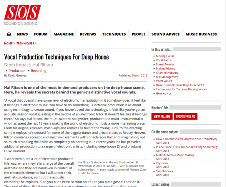 SoundOnSound: Vocal Production Techniques for Deep House.